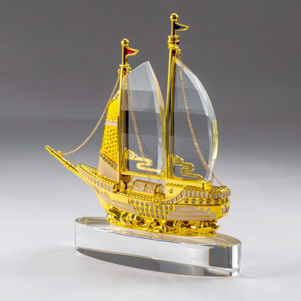 Golden Boat Shaped Memento in Metal with Glass Base in Luxury Box - www ...