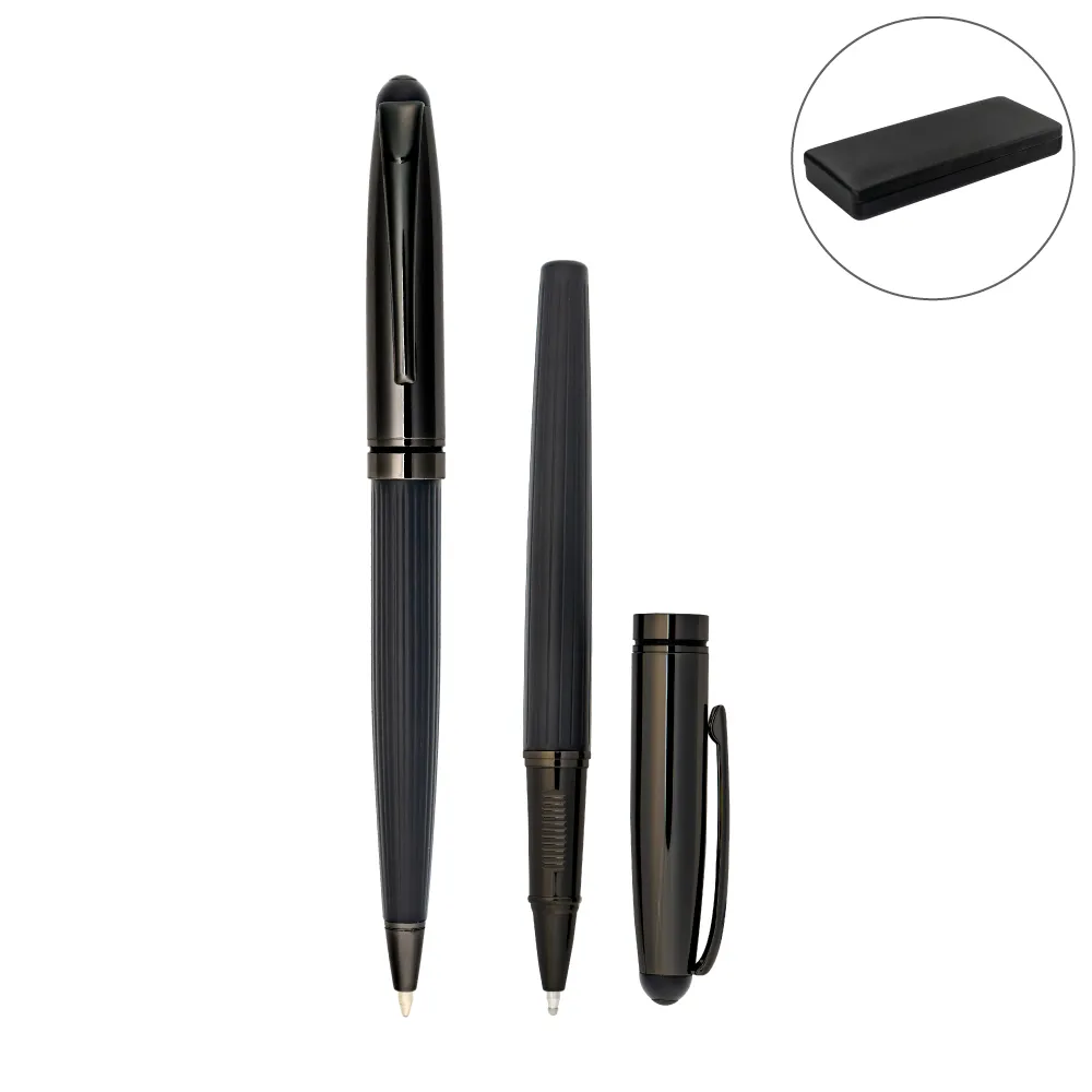 Black Metal Pen Set with Matte & Glossy Finish in PU Leather Box - www ...