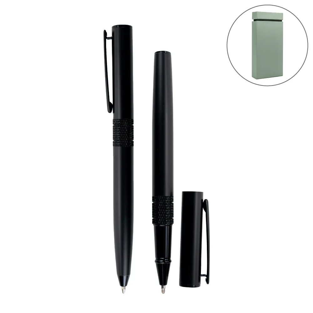 Black Metal Pen Set with Matte Finish in Hardboard Slide to Open Box ...