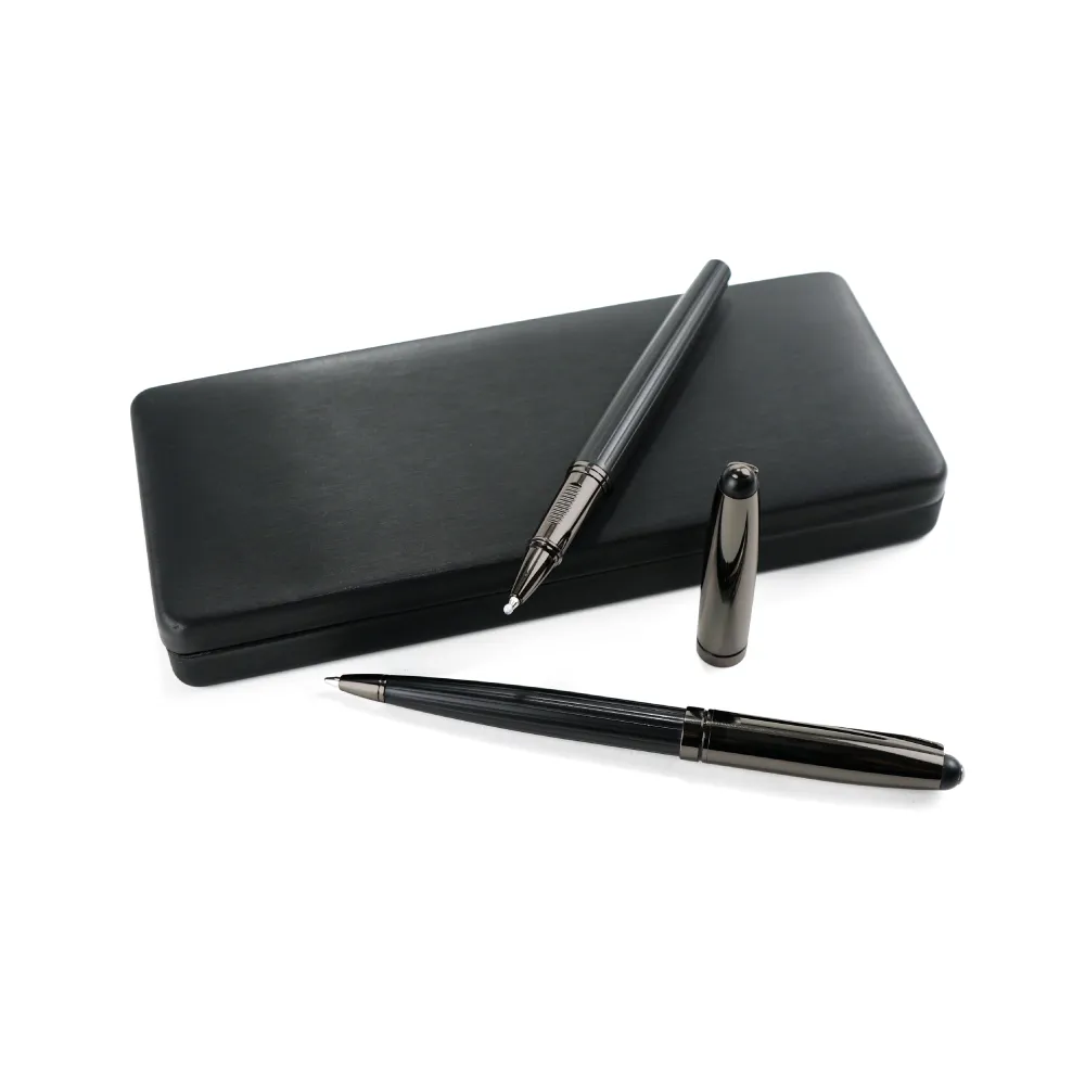 Black Metal Pen Set with Matte & Glossy Finish in PU Leather Box - www ...